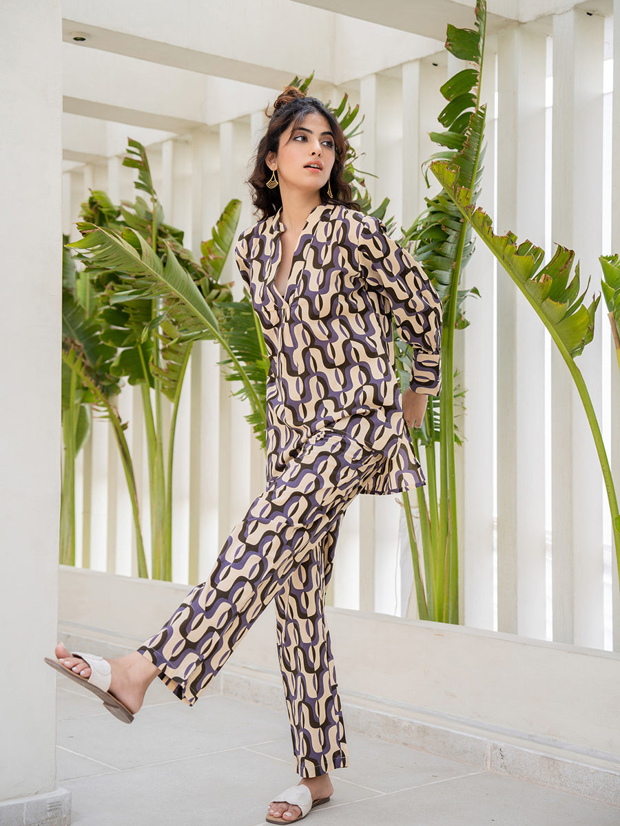 Abstract Caramel Front Pleated Lounge Wear - Feathers Closet – FEATHERS ...